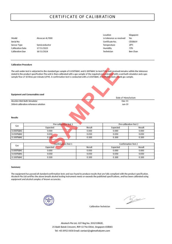 Calibration Certificate (Hardcopy) – SGbreathalyzers